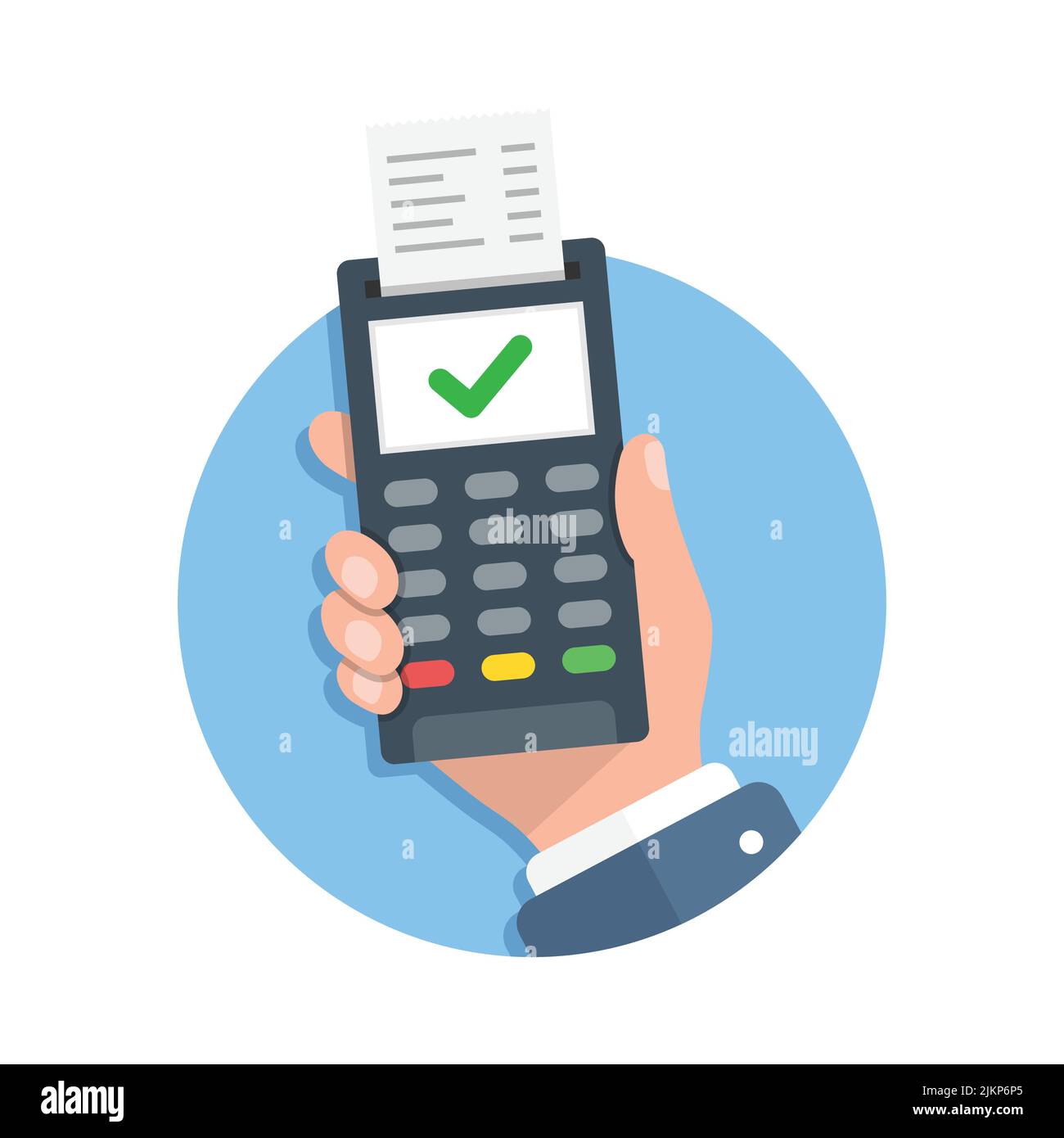 Male hand holding POS payment machine icon in flat style. Online ...