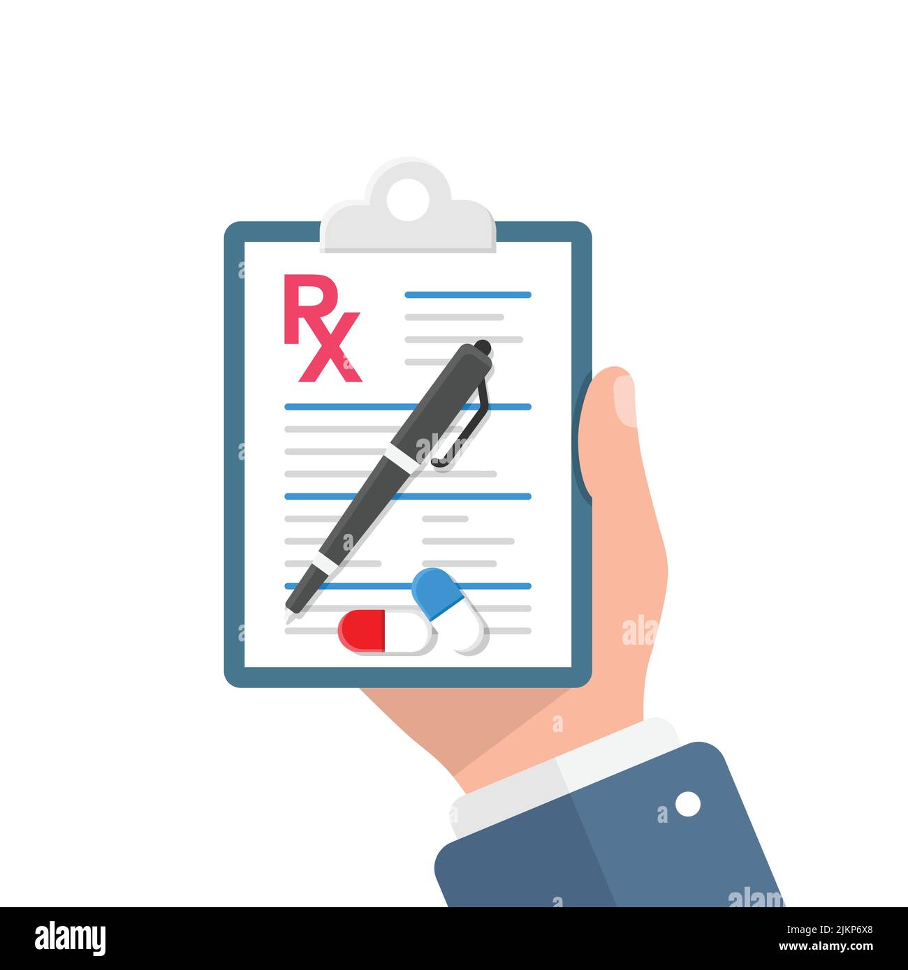 Medical prescription pad in hand illustration in flat style. Rx form ...