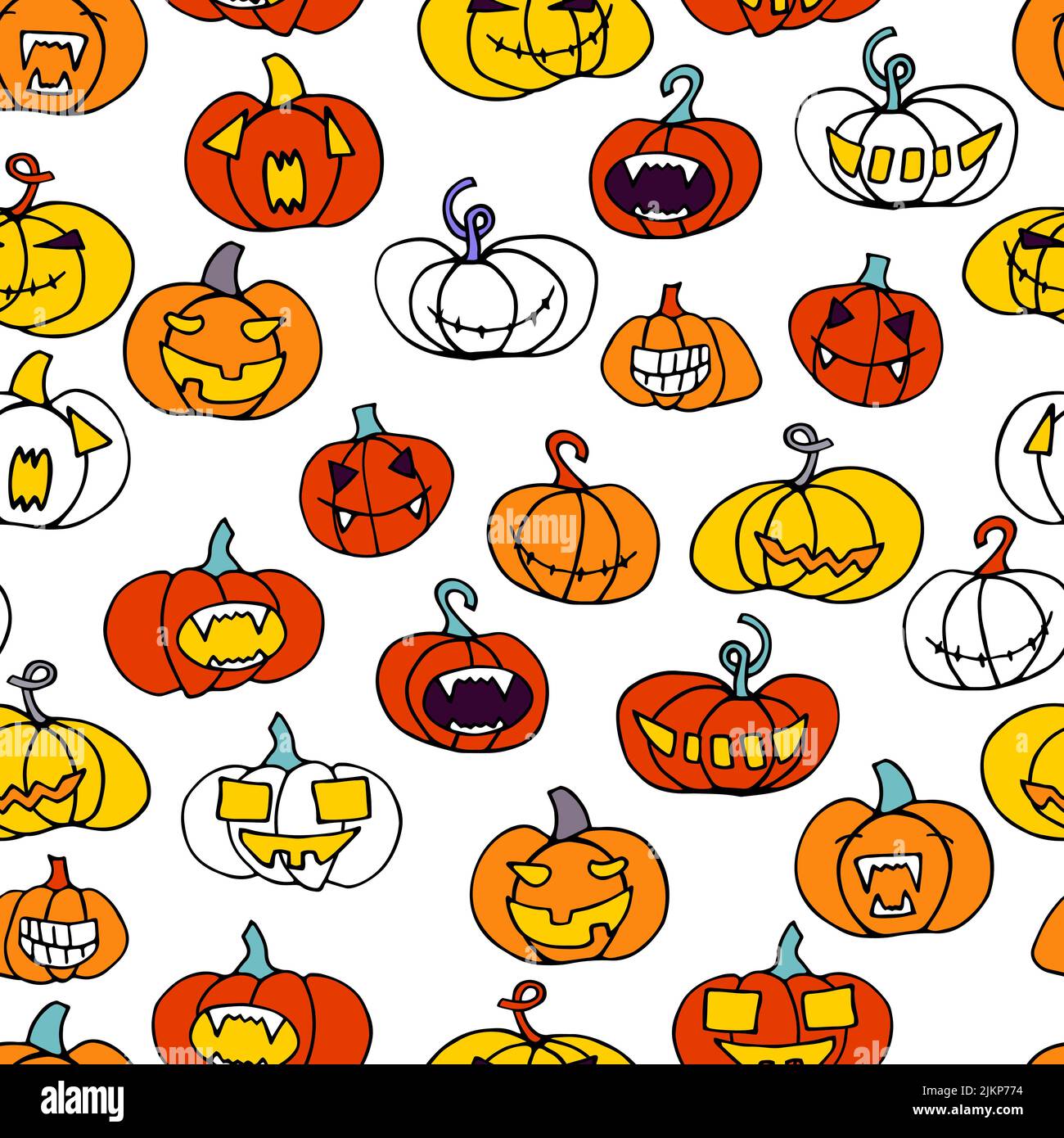 Seamless halloween scary orange pumpkins pattern. Funny, creepy ...