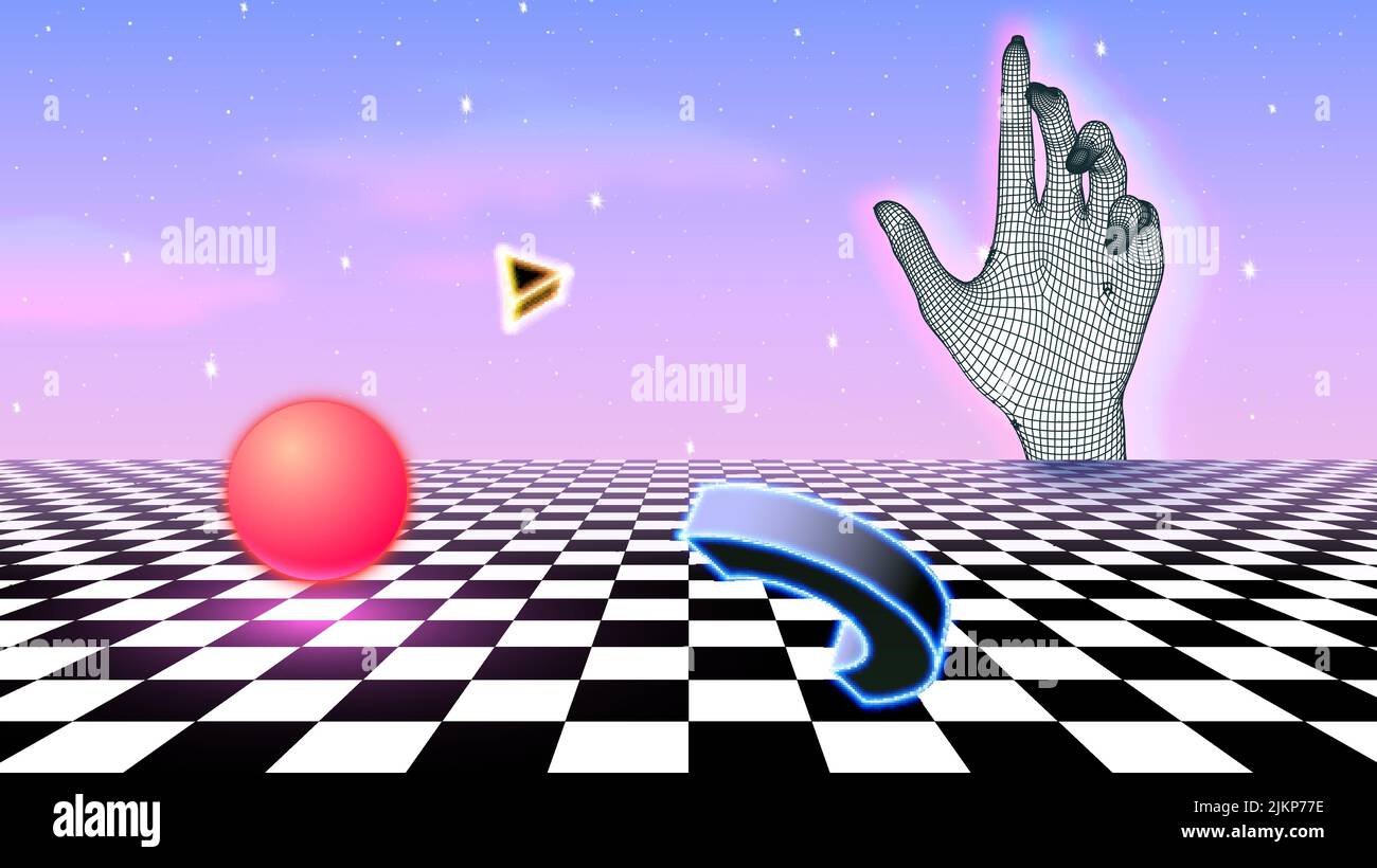 Vaporwave or synthwave abstract concept with glitchy glowing hand, neon ...