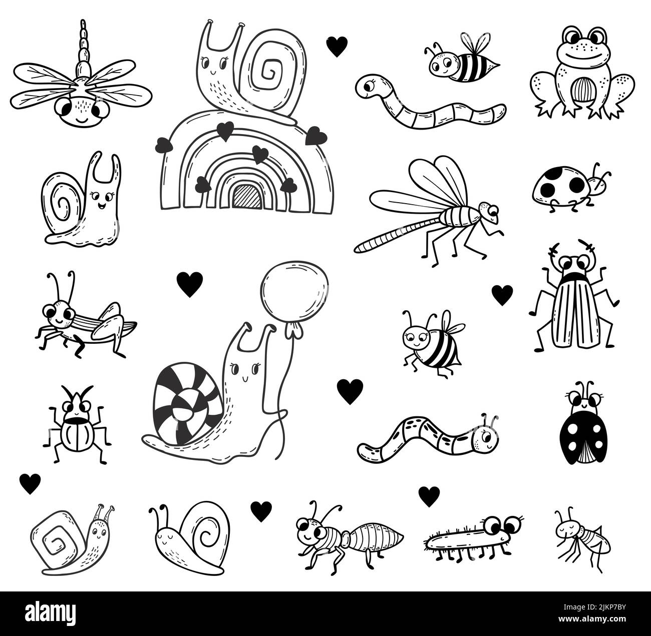 Set of insects - frog, snail on rainbow, beetles and spider, dragonfly ...