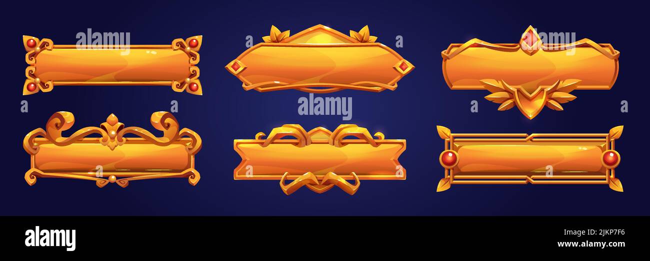 Game ui frames, gold medieval menu elements, buttons or banners with ...