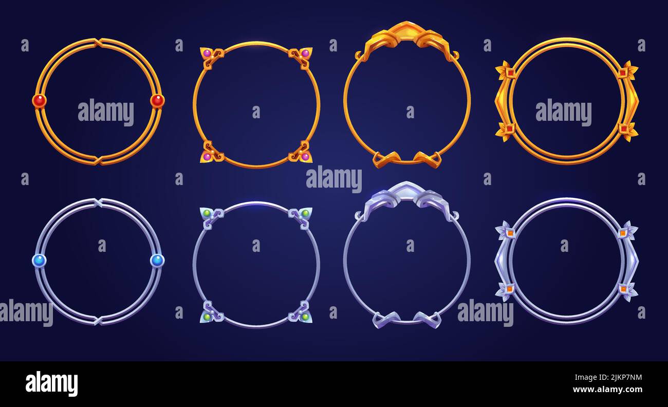 Silver and golden vintage game frames, ui medieval round borders of ...