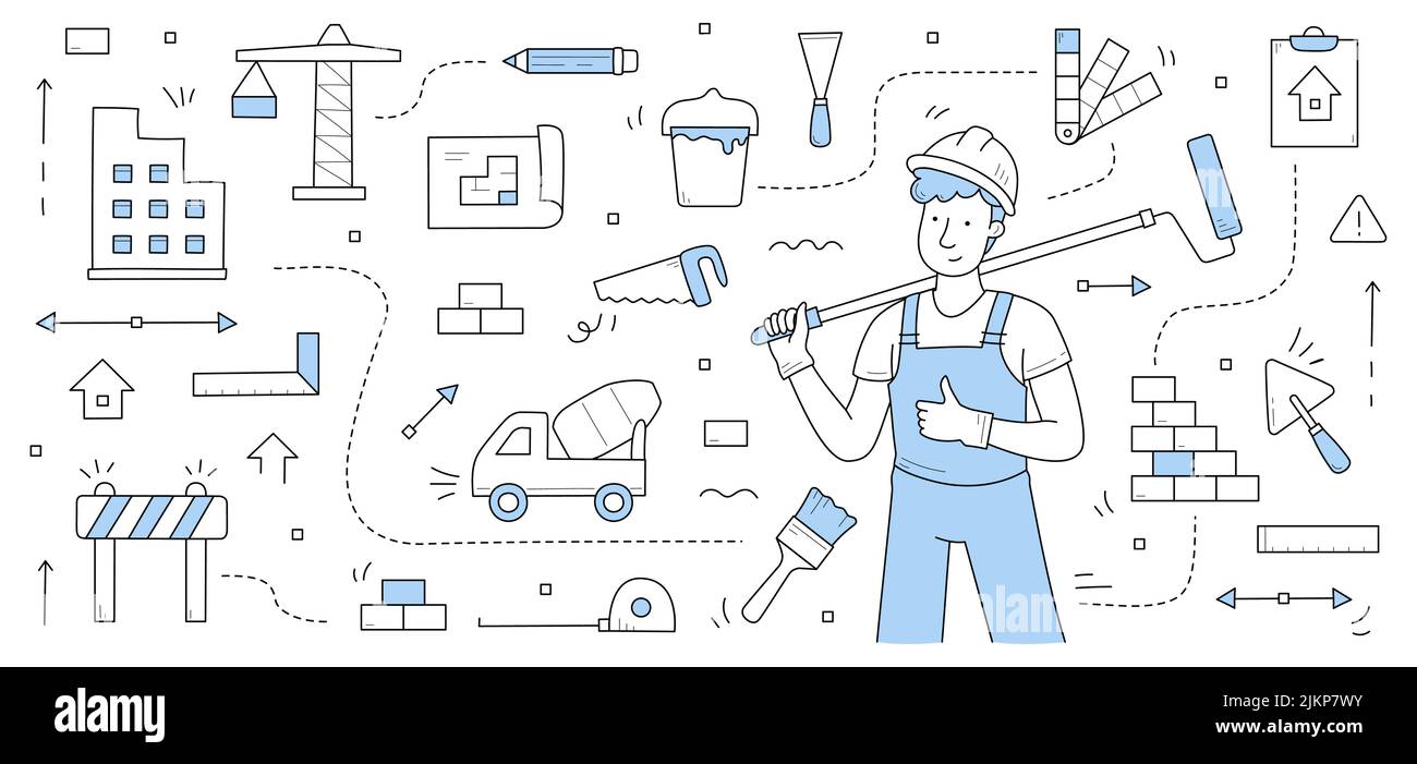 Construction and building doodle concept. Repair service worker in ...