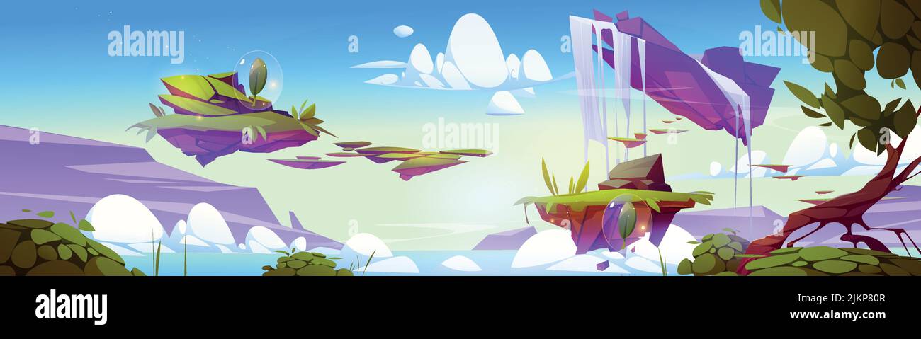 Game background with fantasy landscape with floating islands and items ...