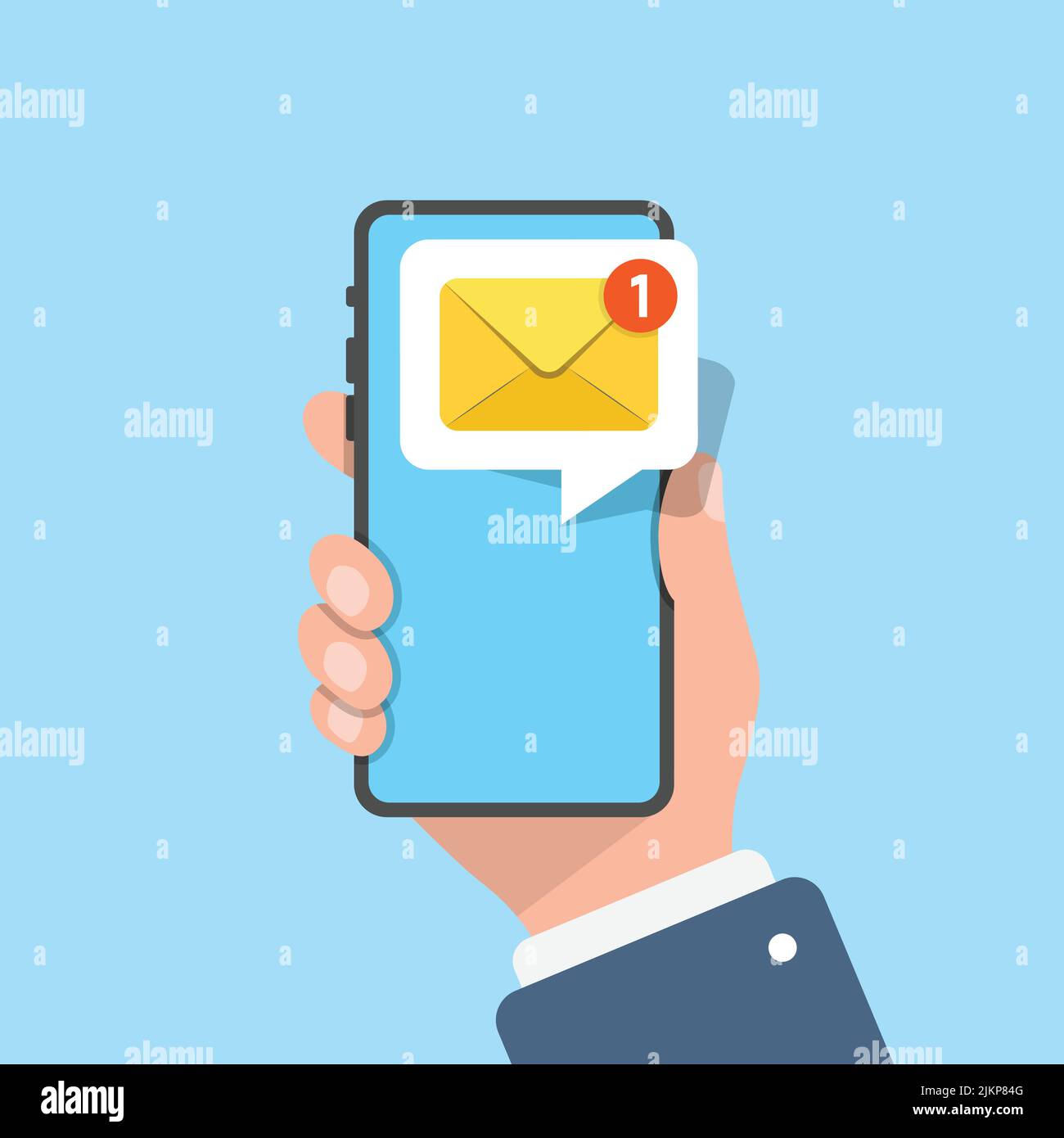 Hand holding smartphone icon in flat style. Incoming message vector ...