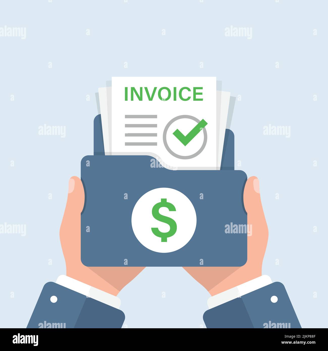 Invoice in hand illustration in flat style. Transaction document vector ...