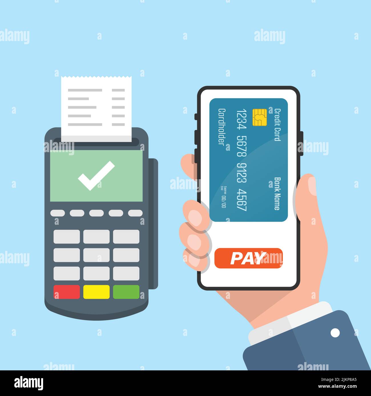 Mobile payment in hand illustration in flat style. Online shopping ...