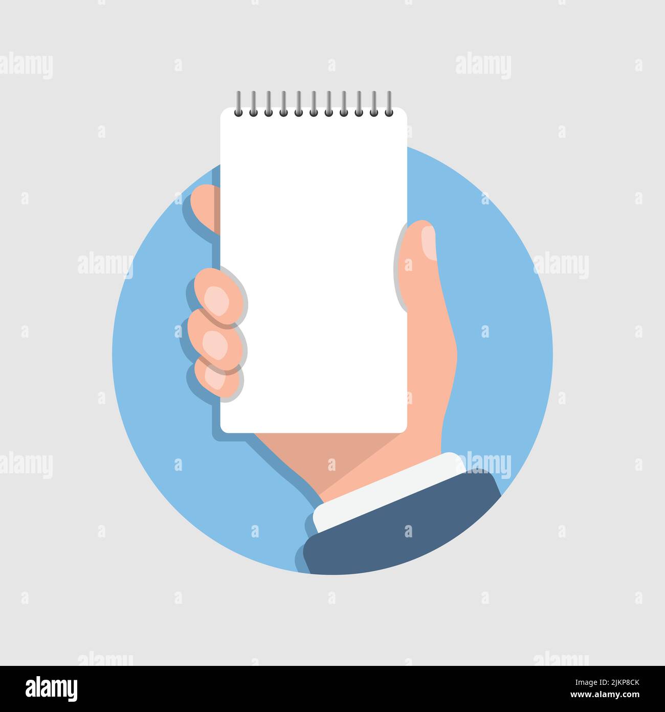 Notebook in hand illustration in flat style. Paper sheet vector ...