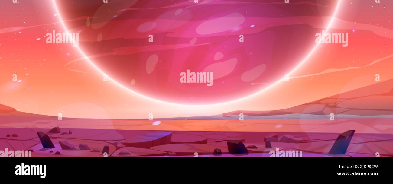 Mars landscape, alien planet sunset background, red desert cracked ...