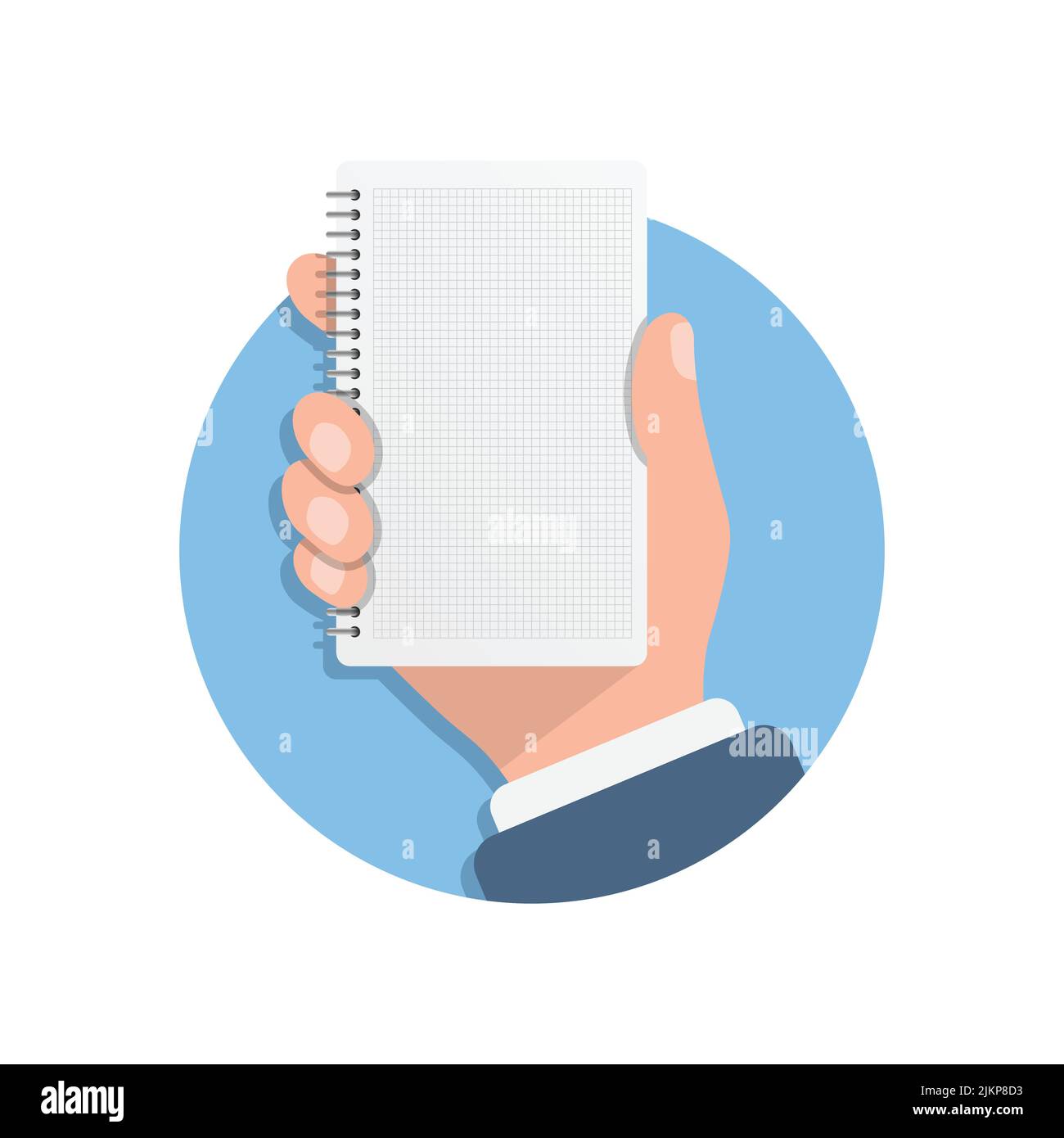 Notebook in hand illustration in flat style. Paper sheet vector ...