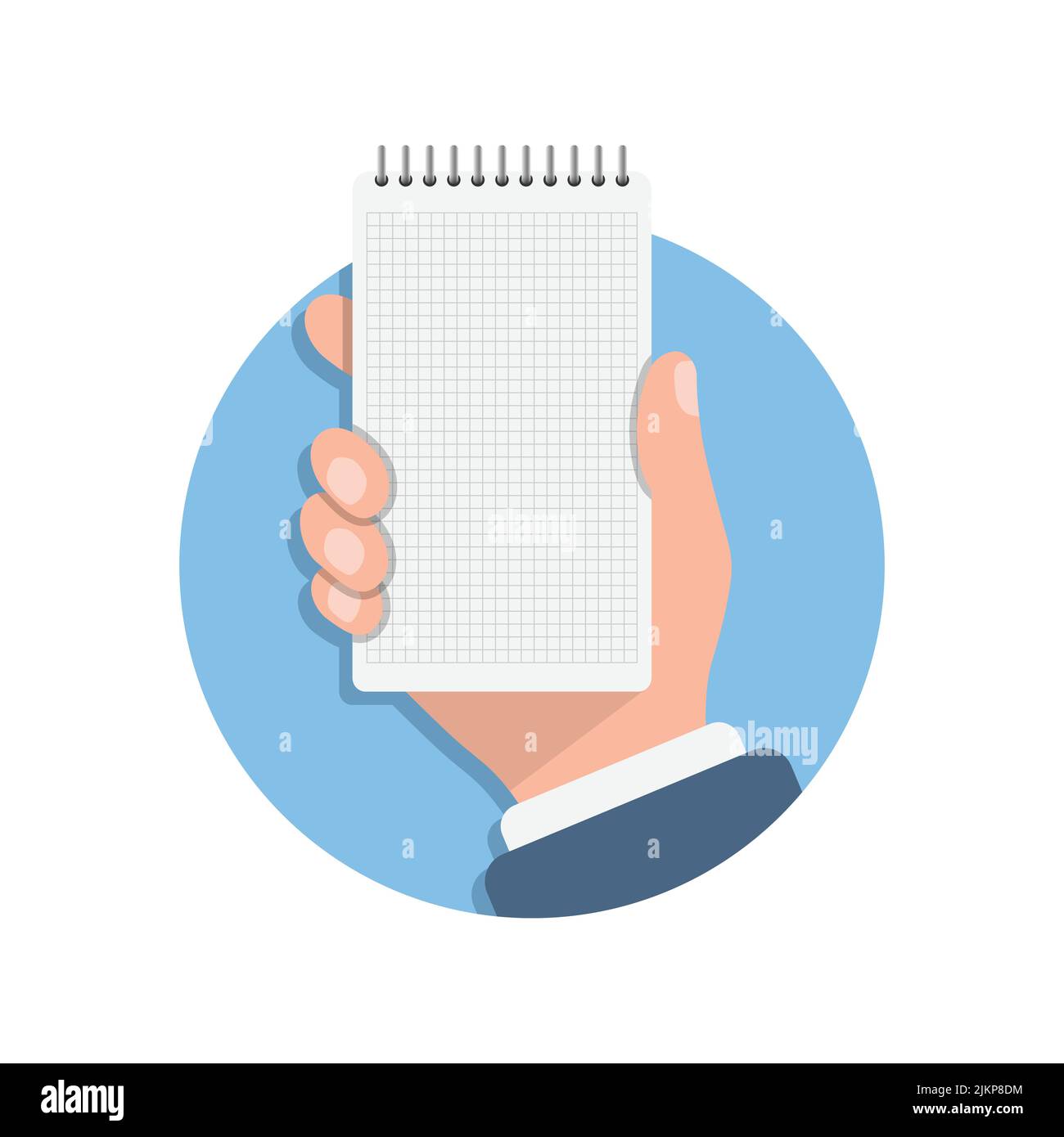 Notebook in hand illustration in flat style. Paper sheet vector ...