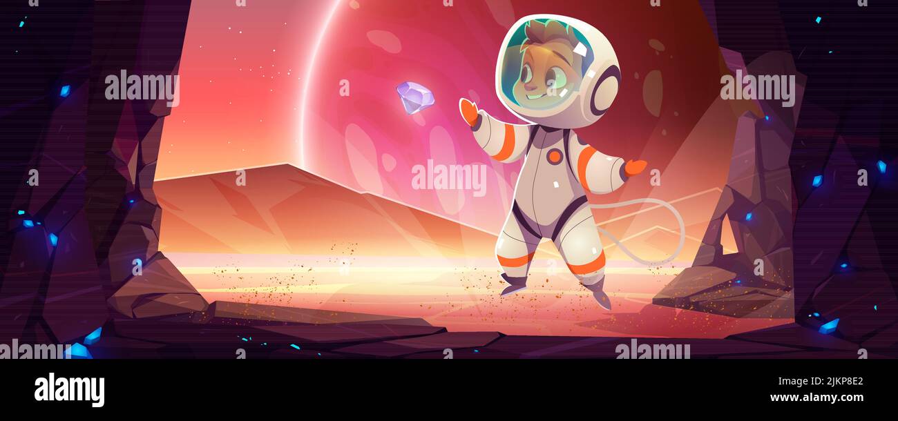 Cute astronaut collect bonus crystals on alien planet in space. Baby ...