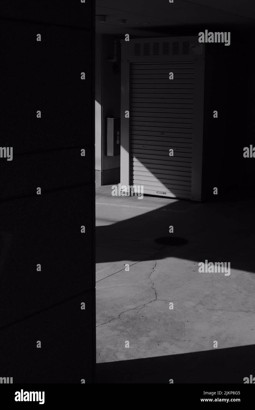 A vertical grayscale shot of a dark corridor with light rays coming ...