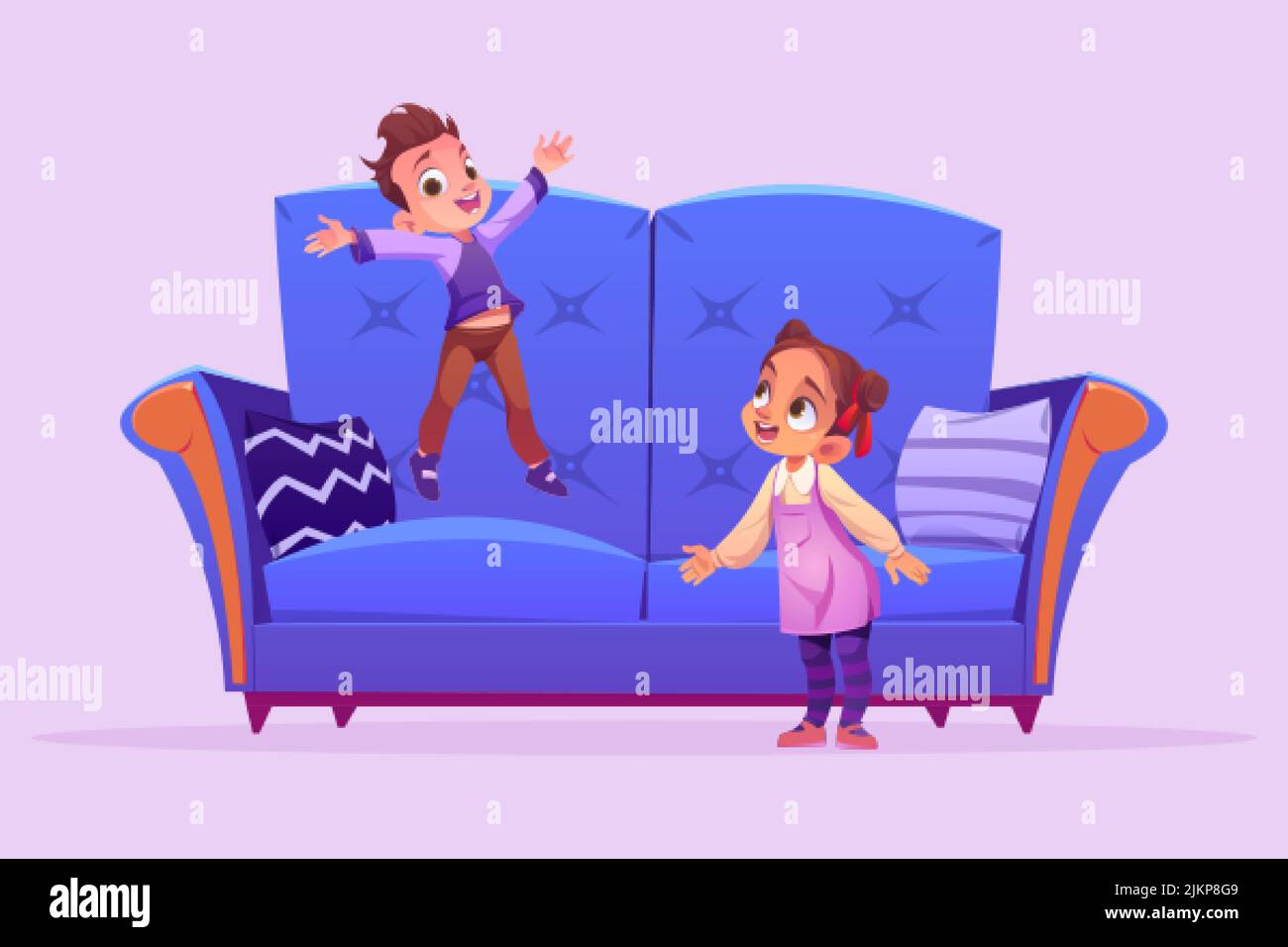 Happy kids jump and play on couch at home. Vector cartoon illustration ...