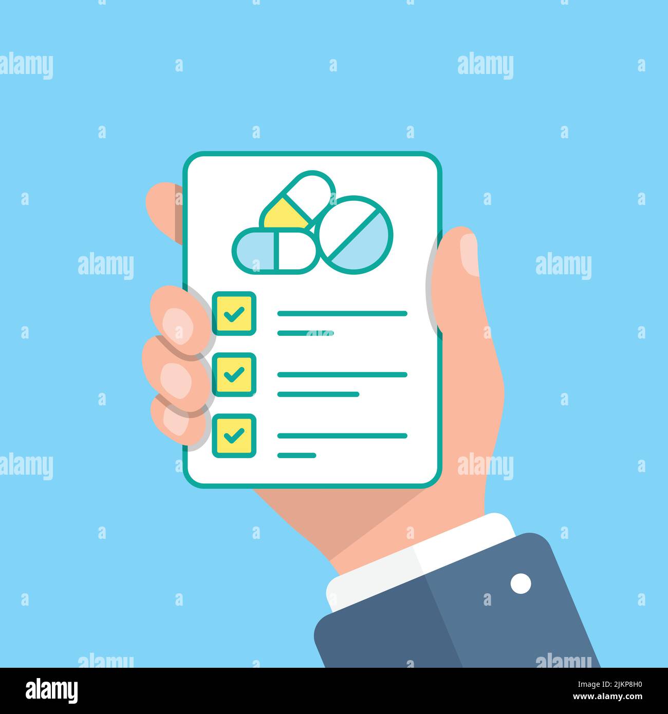 Medical prescription pad in hand illustration in flat style. Rx form ...