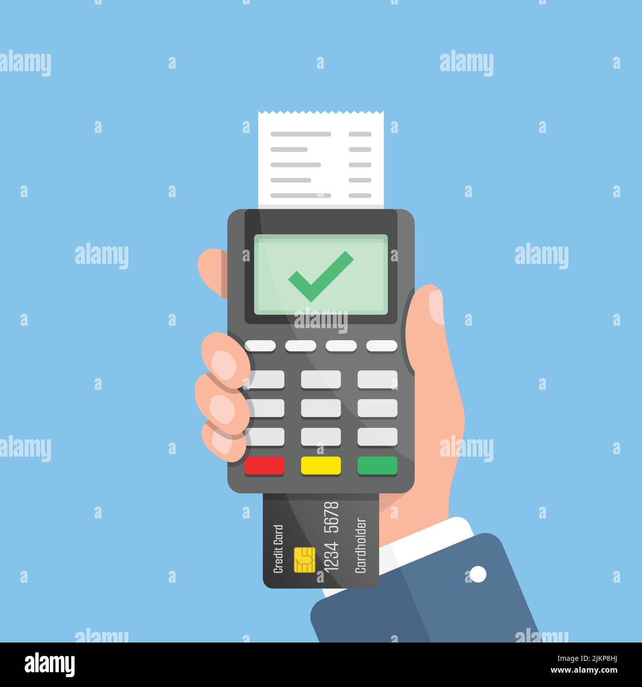 Male hand holding POS payment machine icon in flat style. Online ...