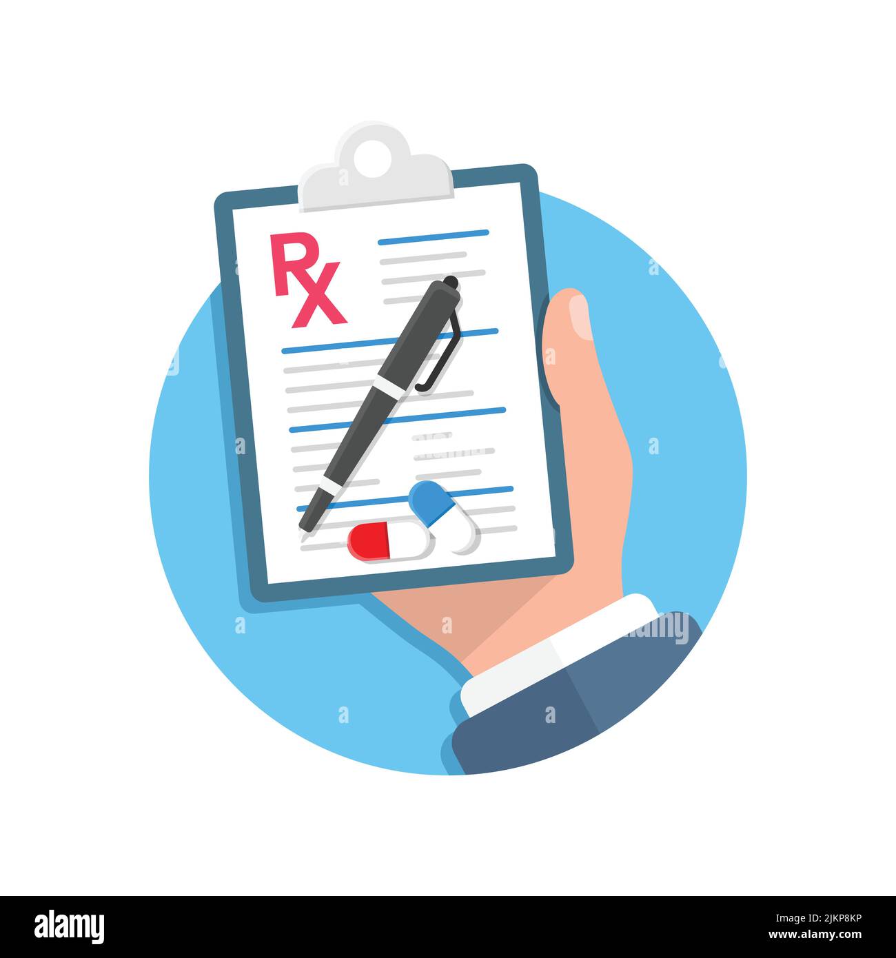Medical prescription pad in hand illustration in flat style. Rx form ...