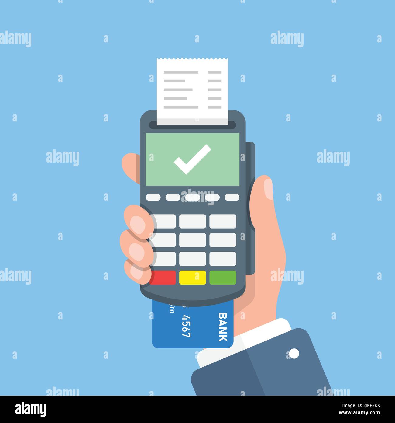 Male hand holding POS payment machine icon in flat style. Online payment vector illustration on ...