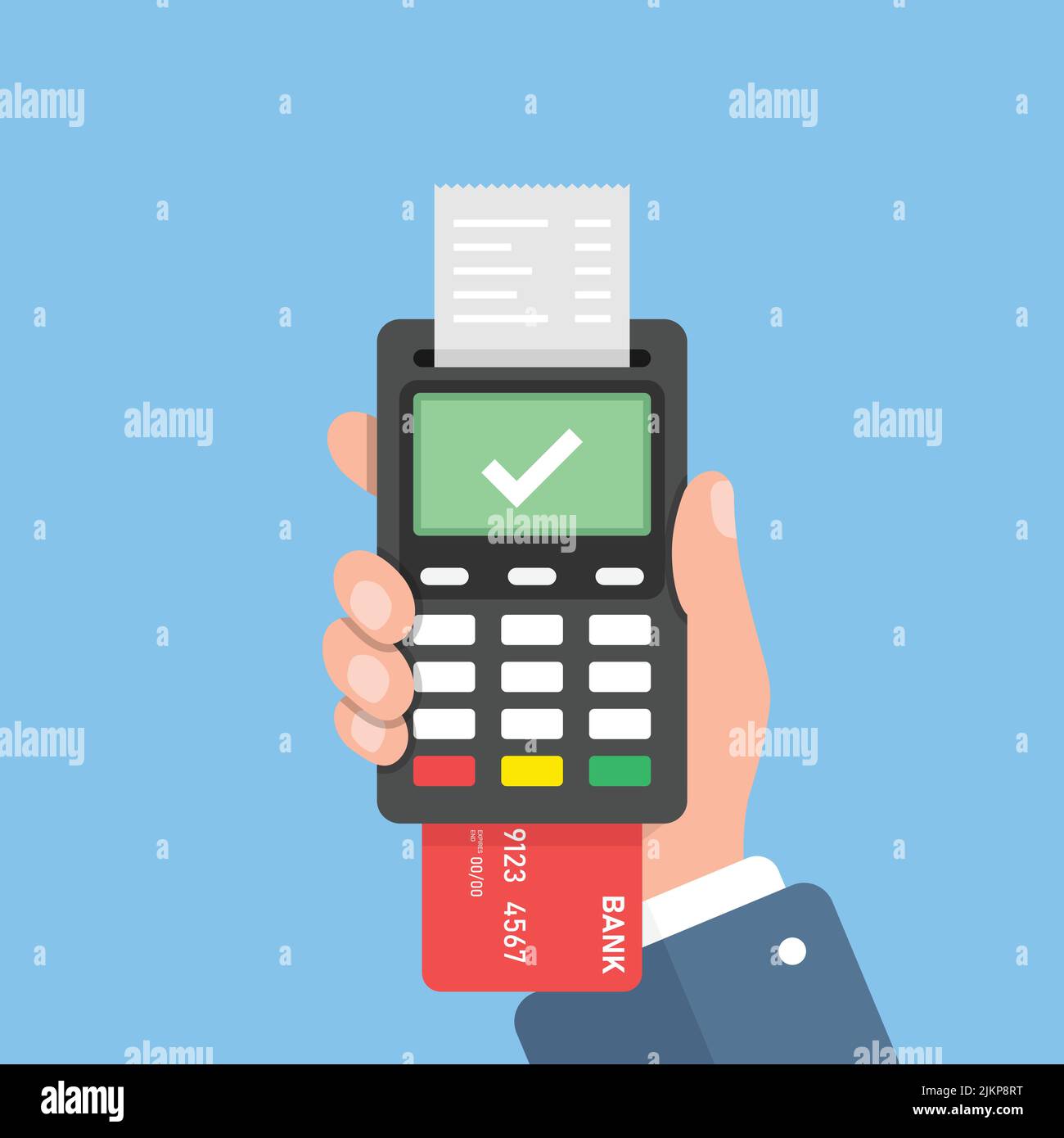 Male hand holding POS payment machine icon in flat style. Online ...