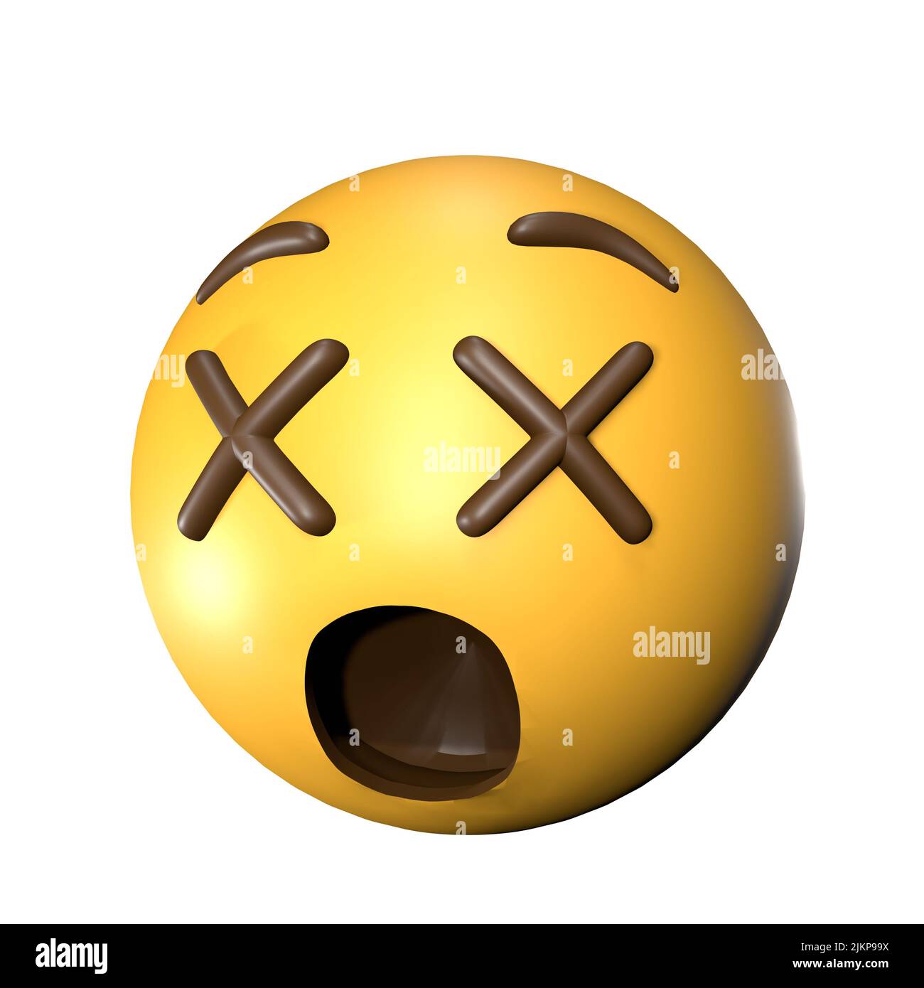 A 3D illustration of a yellow emoji with a dizzy face on a white ...