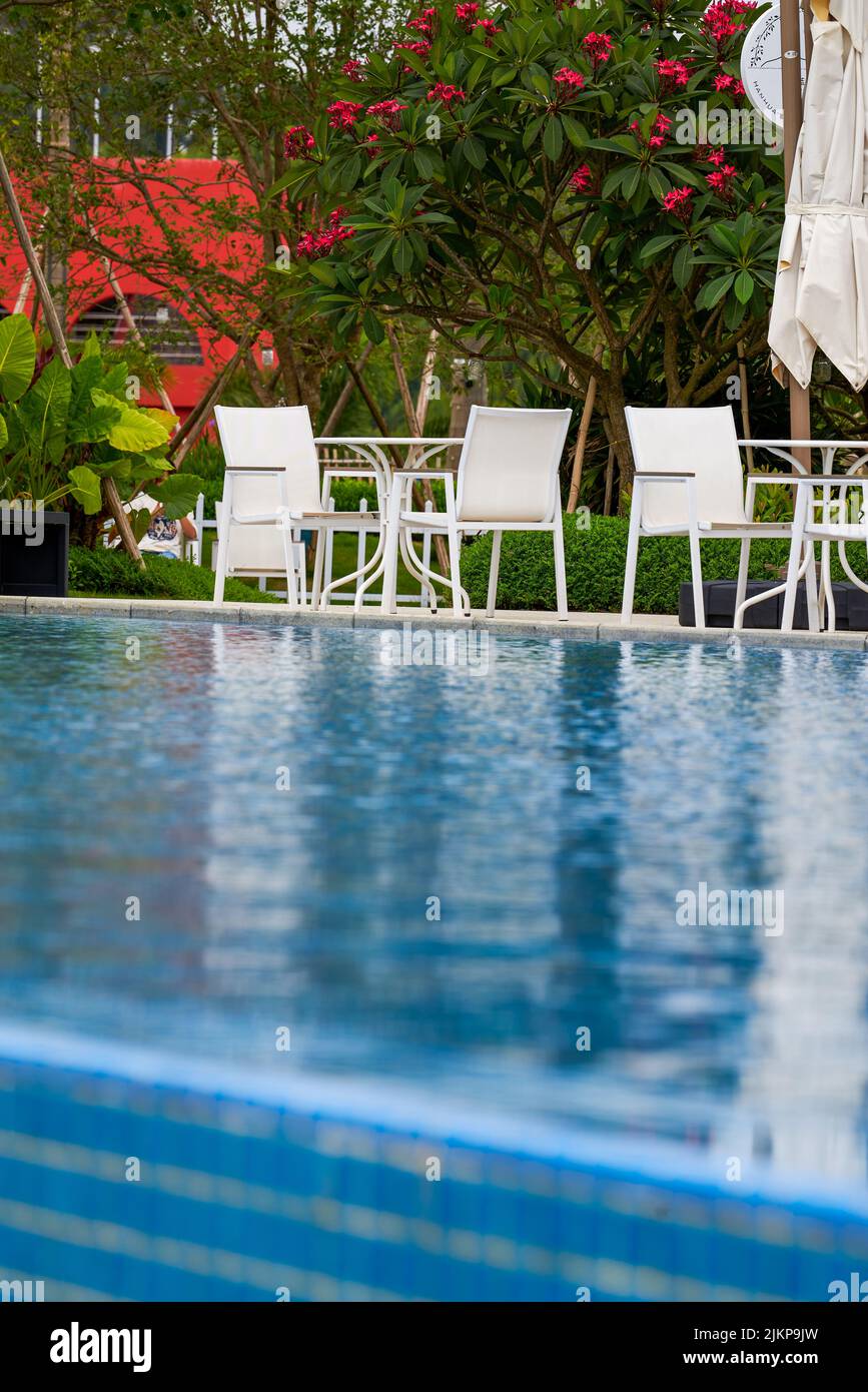 Infinity pool and lounge chairs in a luxury hotel Stock Photo - Alamy