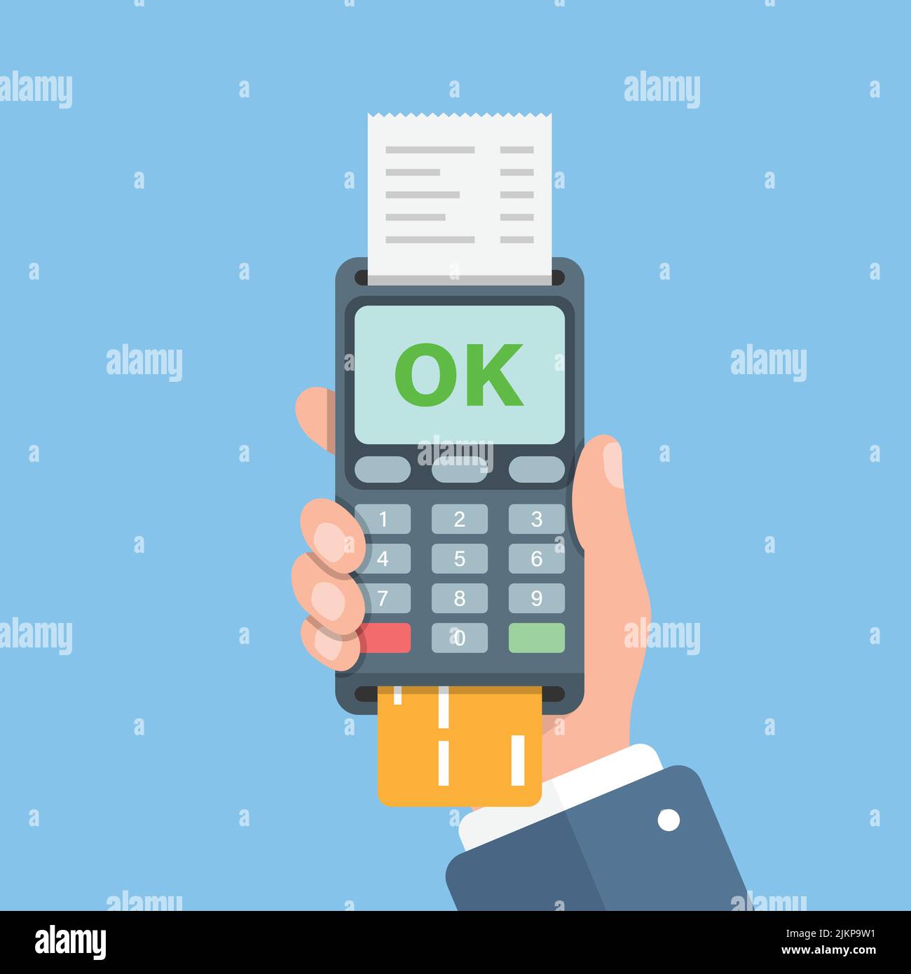 Male hand holding POS payment machine icon in flat style. Online ...