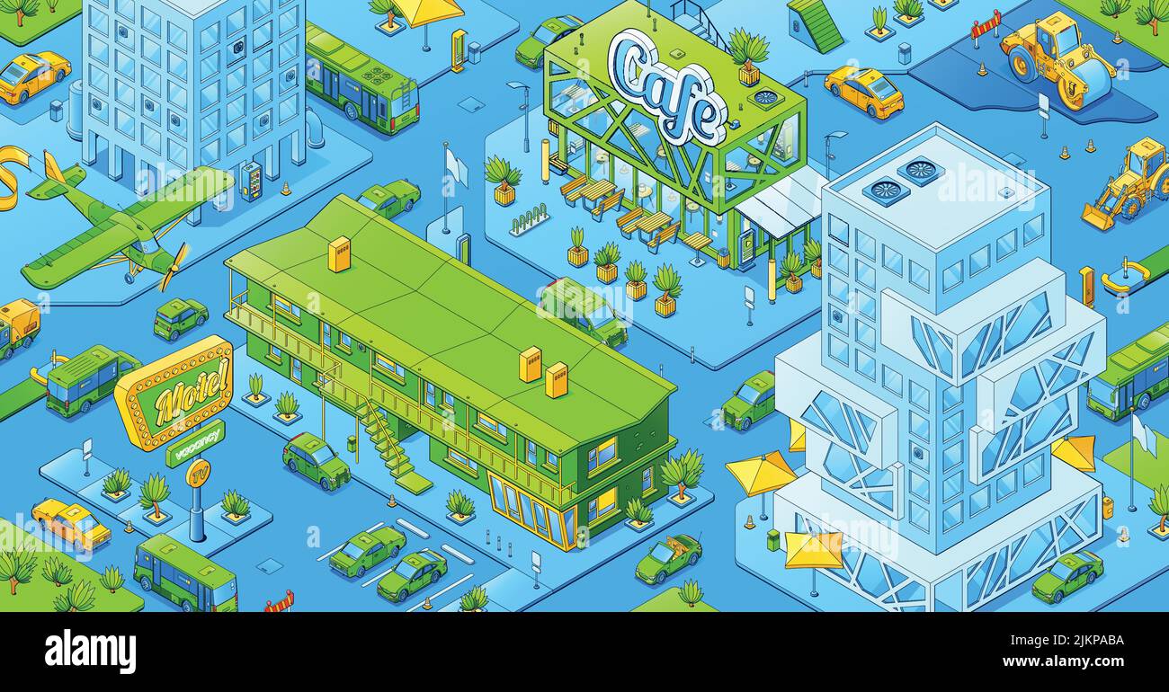 Modern city map, isometric cityscape with cafe, motel and office ...
