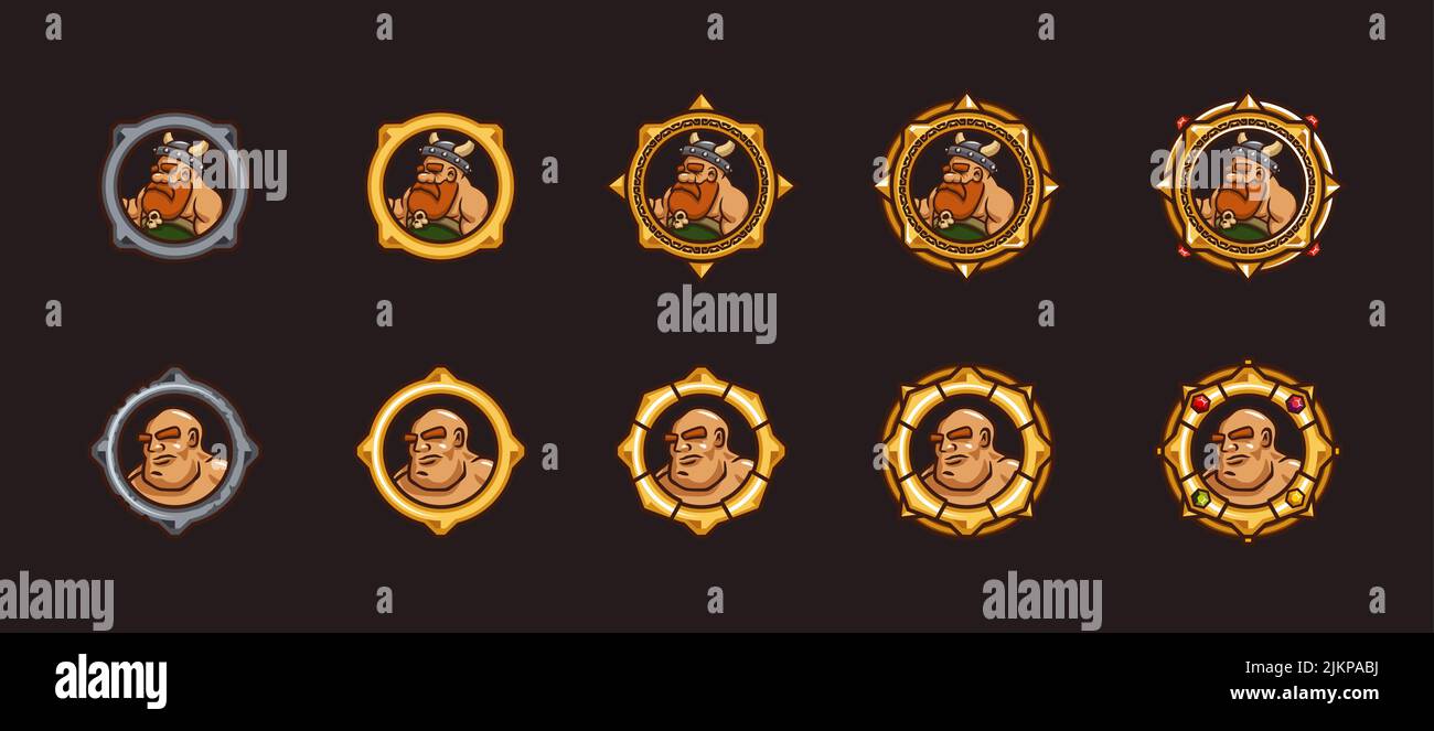 Viking and warrior game avatars in gold ranking frames. Vector cartoon ... Viking and warrior game avatars in gold ranking frames. Vector cartoon ...
