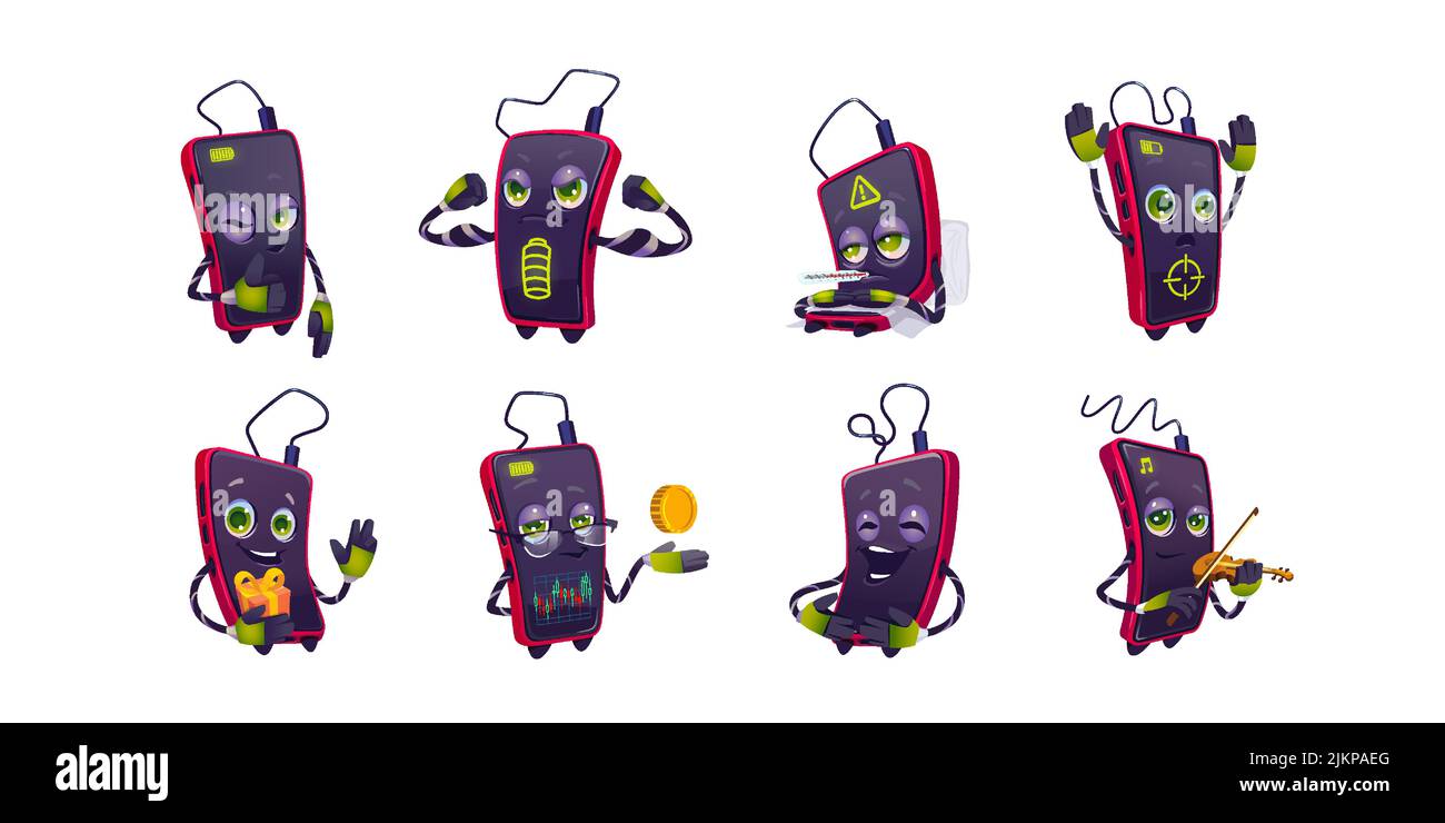 Cartoon mobile phone character set. Cute smartphone in different poses ...
