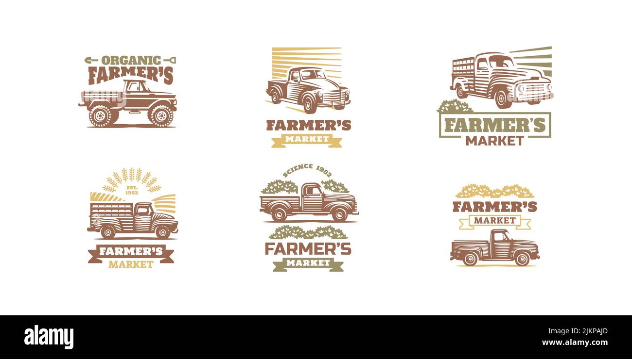 Farmer market posters with vintage pickup truck drawing in etching ...