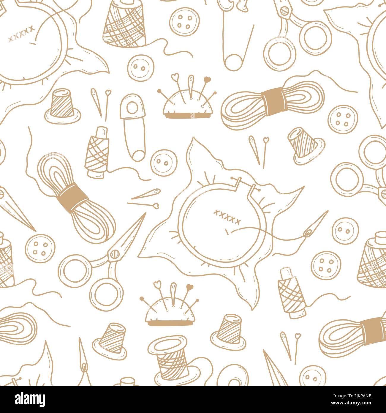 Seamless pattern with items for sewing and knitting. Needles, threads ...