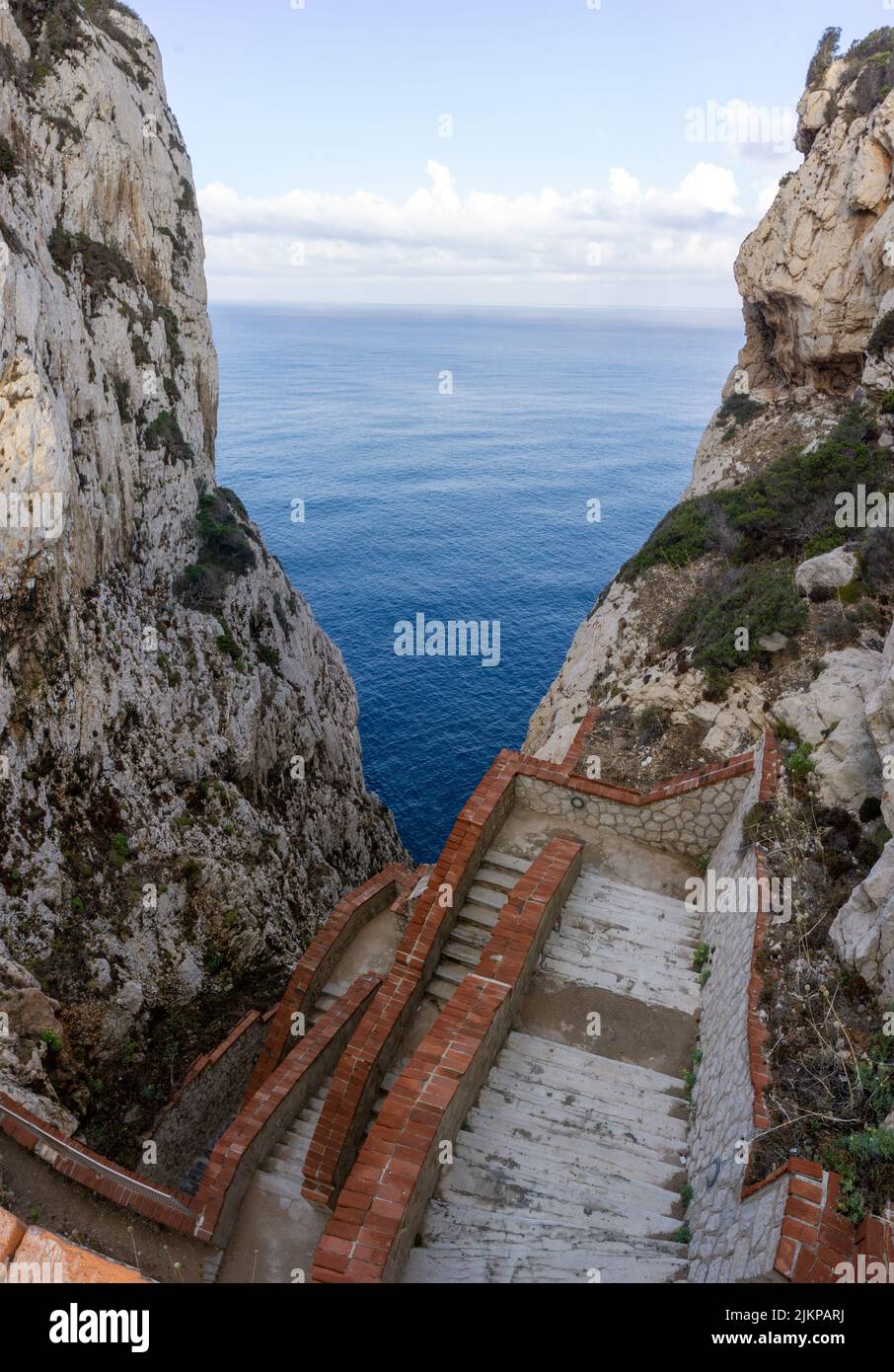 A high angle shot of winding staircase leading to Neptune's Grotto cave ...