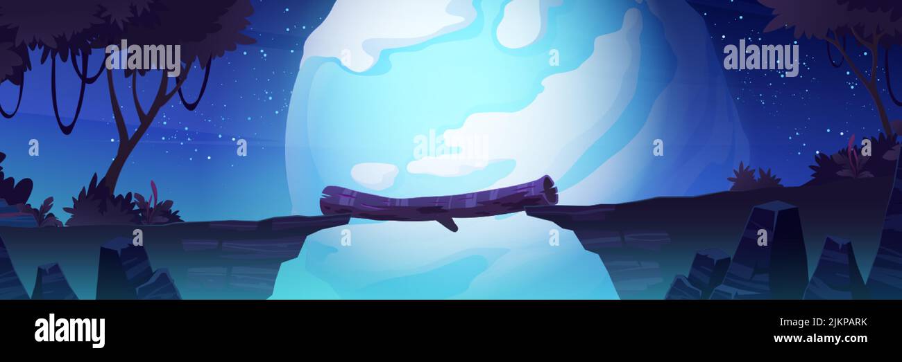 Fantasy background with log bridge above precipice between cliffs in ...