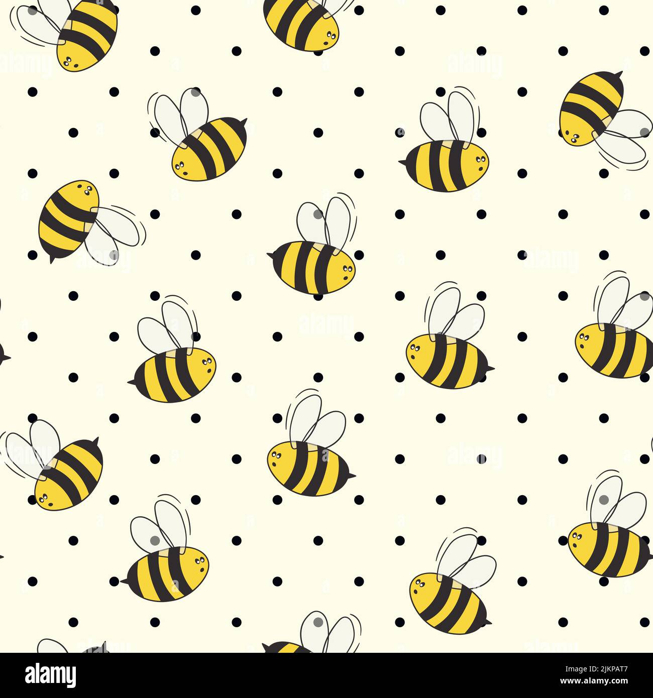 Seamless pattern with bees on white polka dots background. Small wasp ...