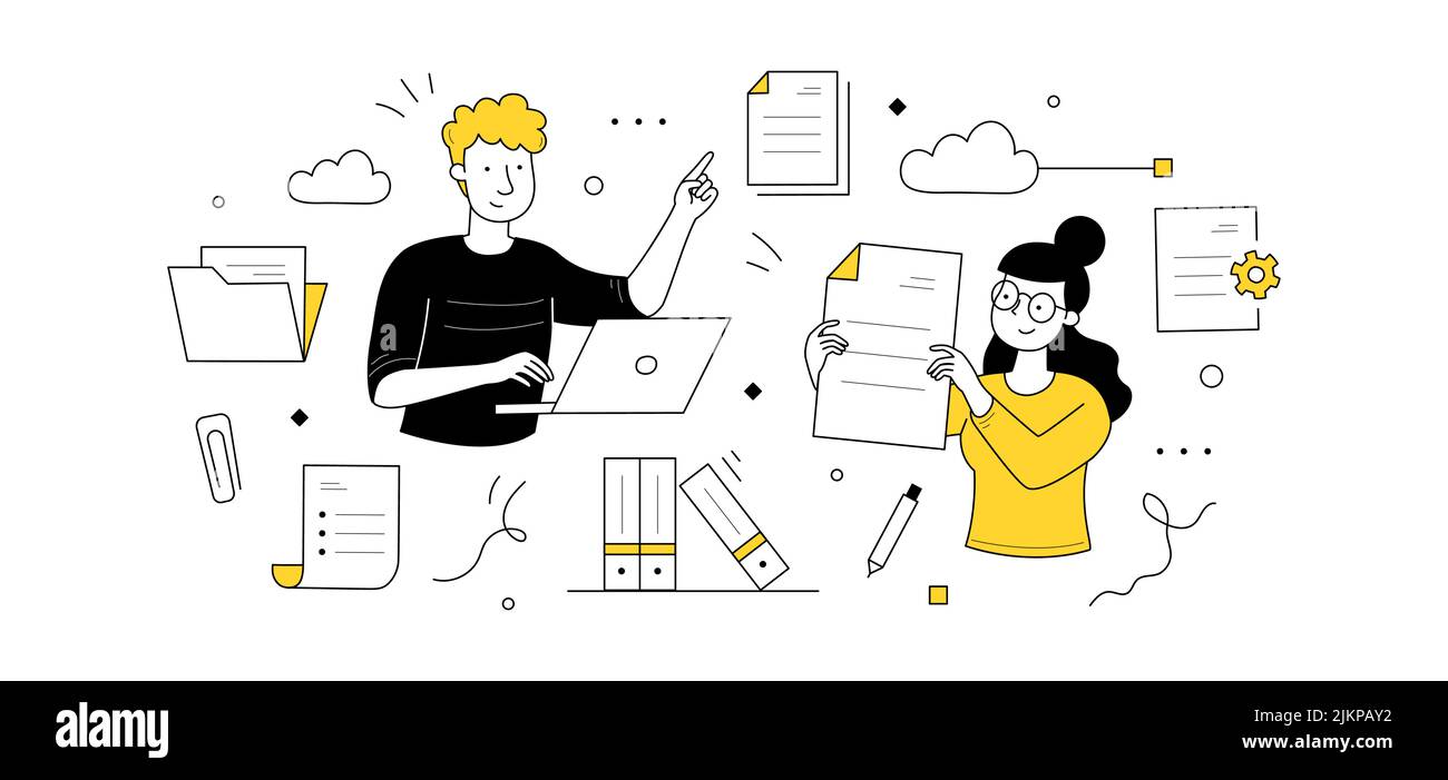 Electronic documents management, paperwork organization doodle concept ...