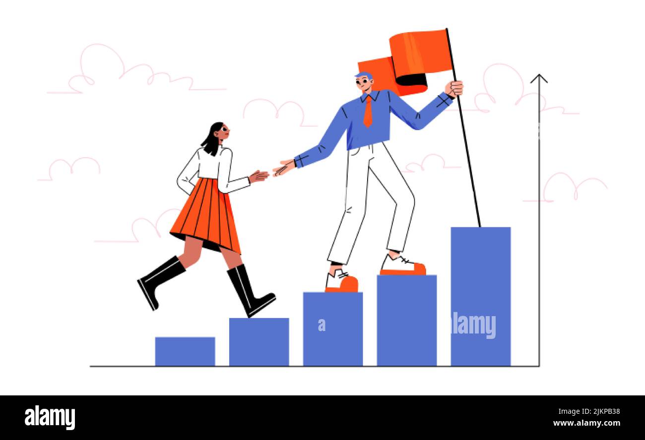 Business leader helps woman on career ladder. Vector flat illustration ...