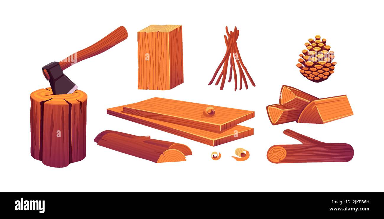Set of woods, wooden logs, flat slices, axe in stump, cut tree trunk ...