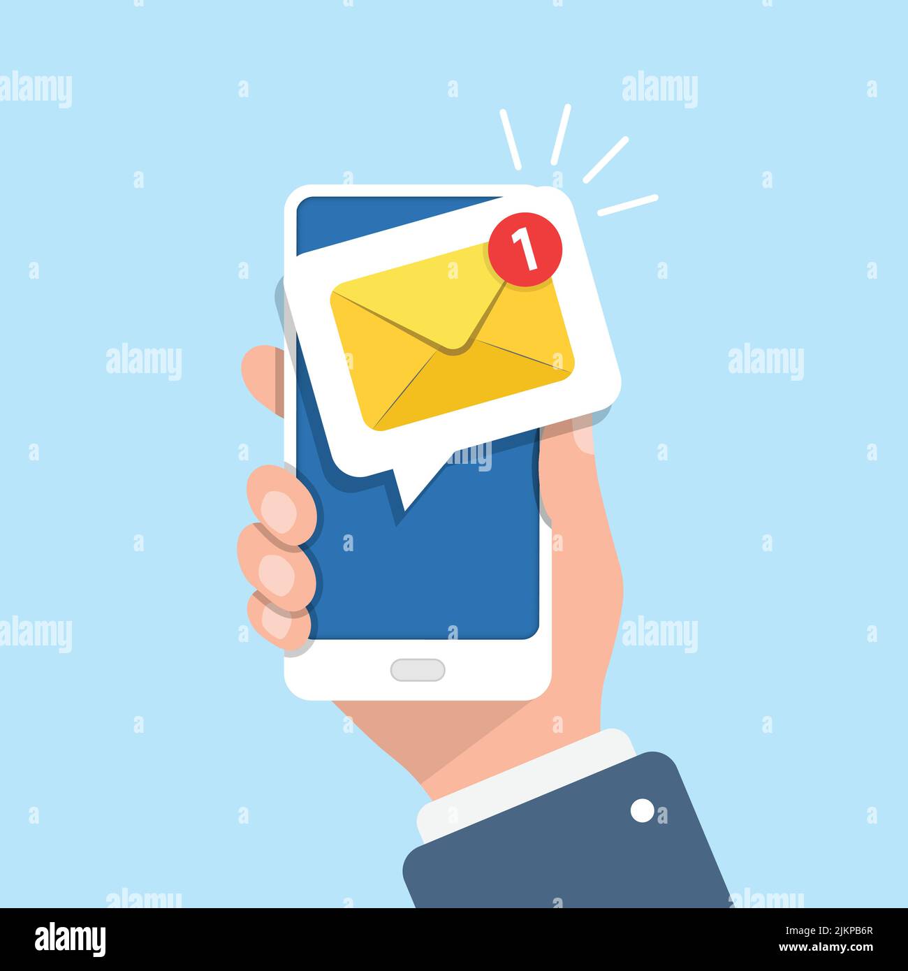 Hand holding smartphone icon in flat style. Incoming message vector ...