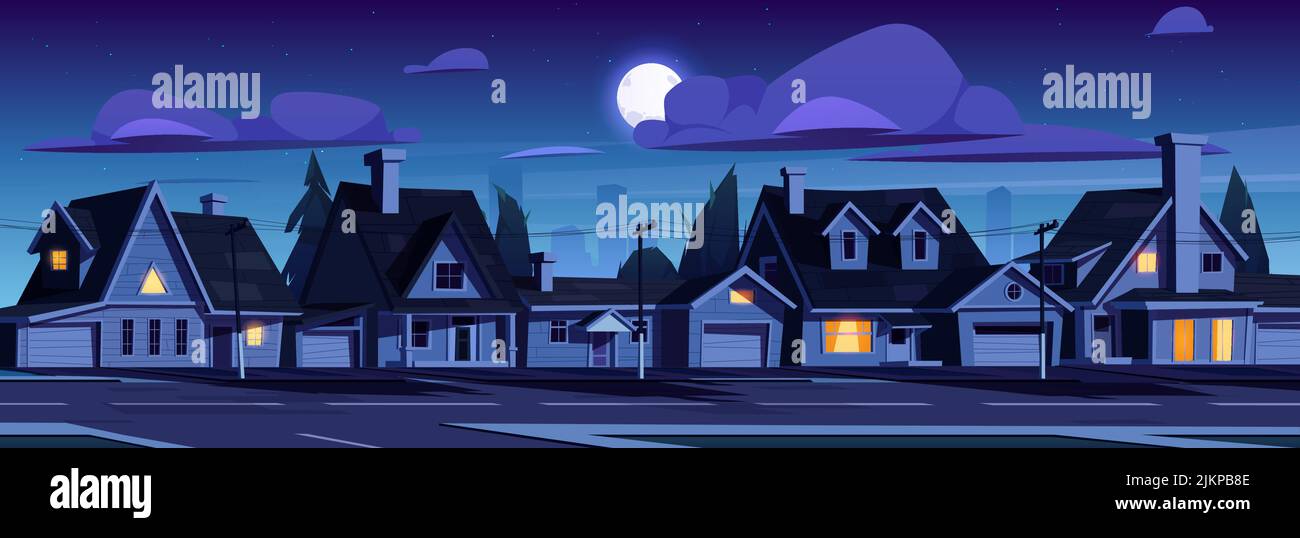 Suburb houses, night suburban street with residential cottages and city ...
