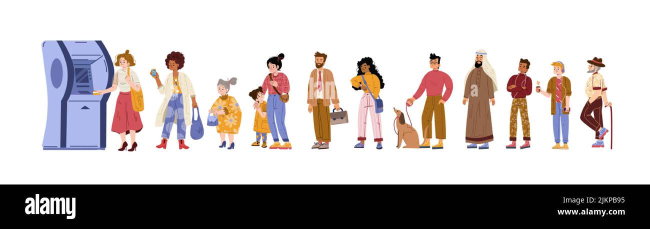 People queue at atm. Diverse characters stand in line waiting turn to make money transaction in ...