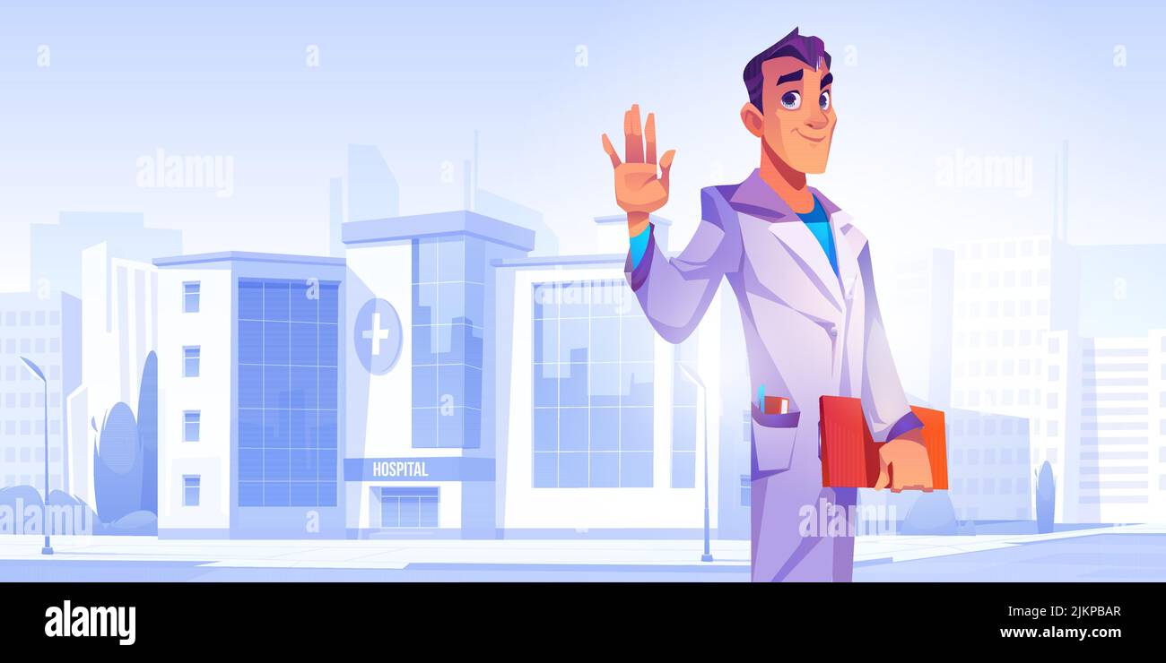 Man doctor, professional medic on background of hospital building ...