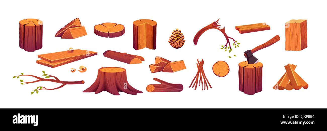 Set of woods, wooden logs, round slices, axe in stump, tree branch, cut ...