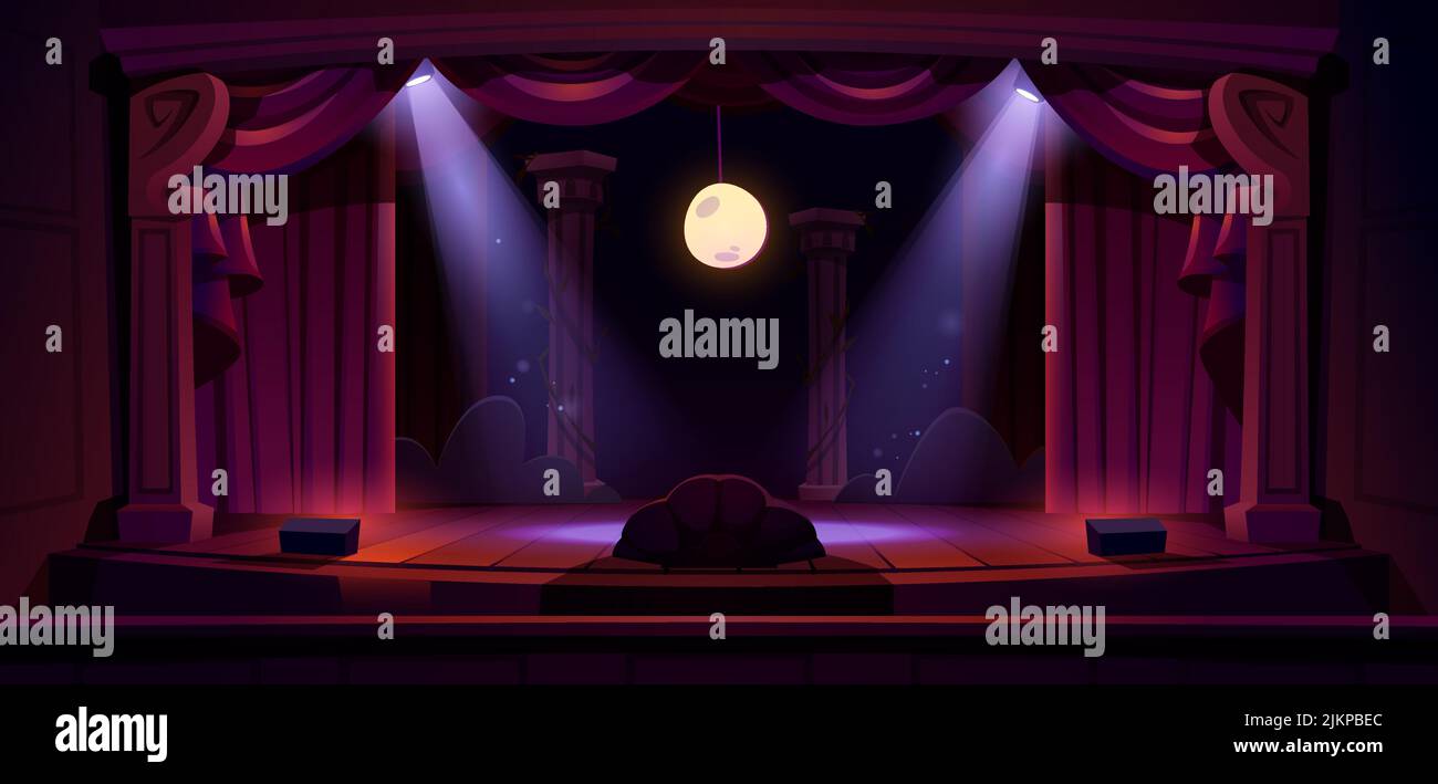 Theater stage with red curtains, spotlights and moon. Theatre interior ...