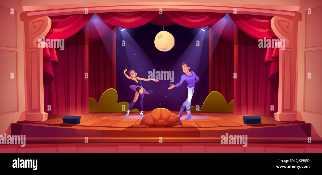 Ballet dancers perform on theater scene. Ballerina and man artist wear ...