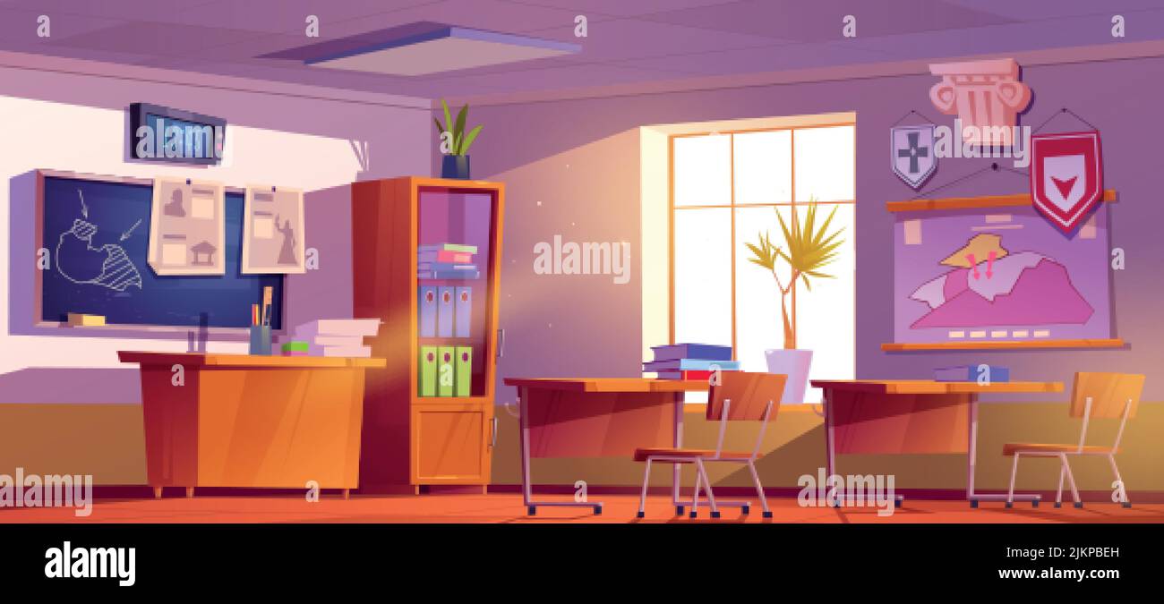 Classroom of history school class room interior with teacher table ...