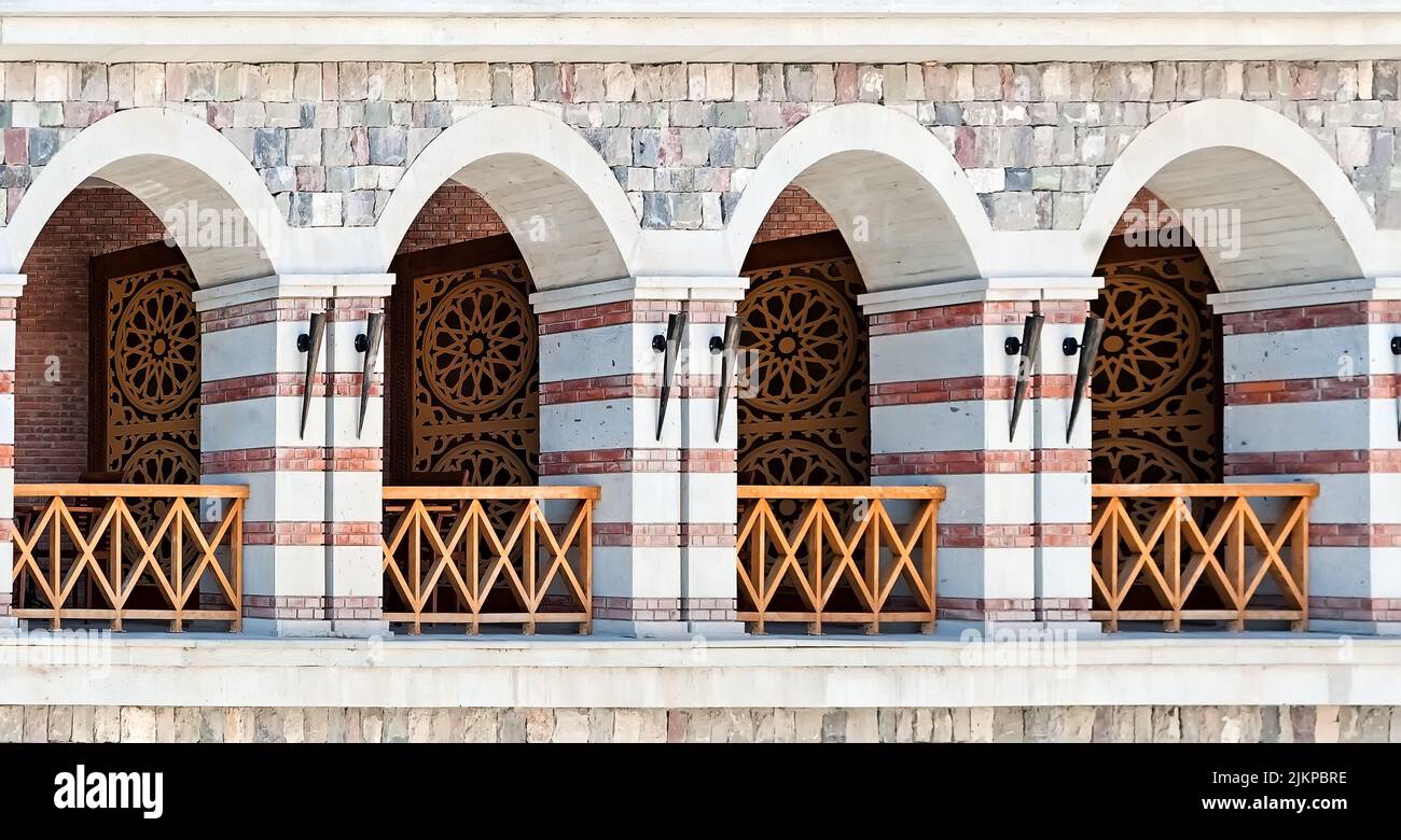 Decorative arcade with wooden fence of Rabati Castle in Georgia Stock ...