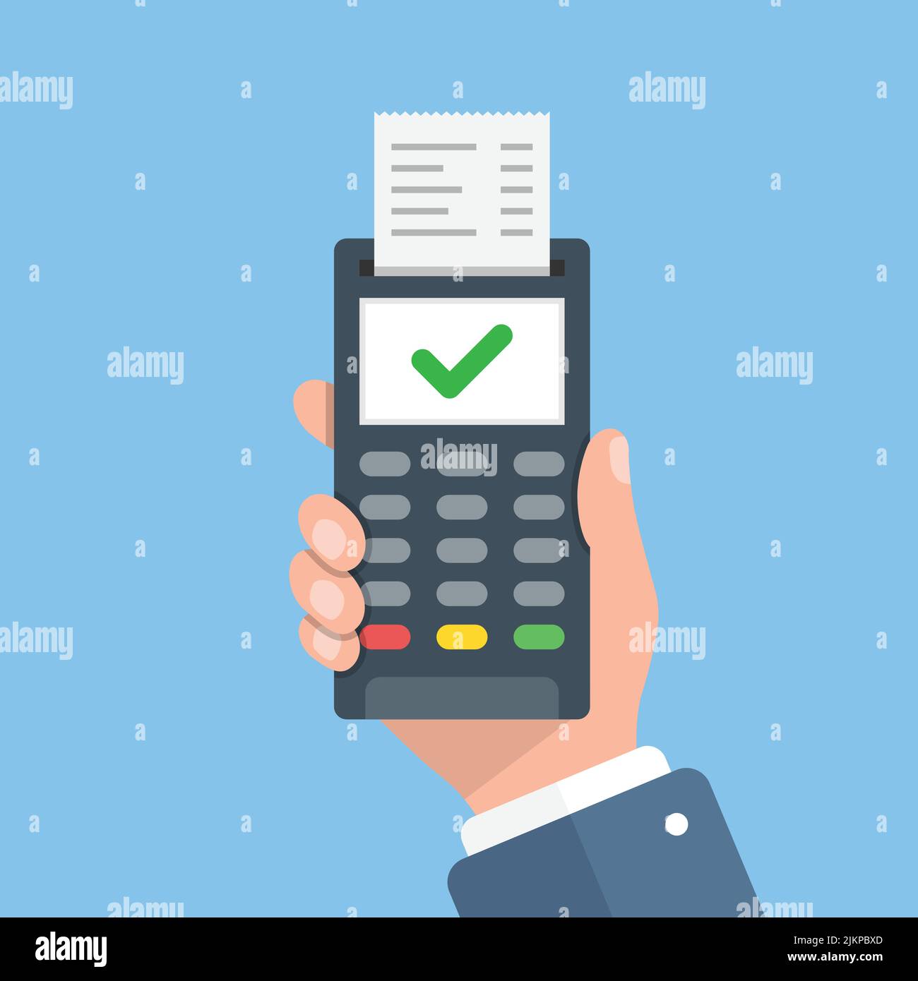 Male hand holding POS payment machine icon in flat style. Online payment vector illustration on ...