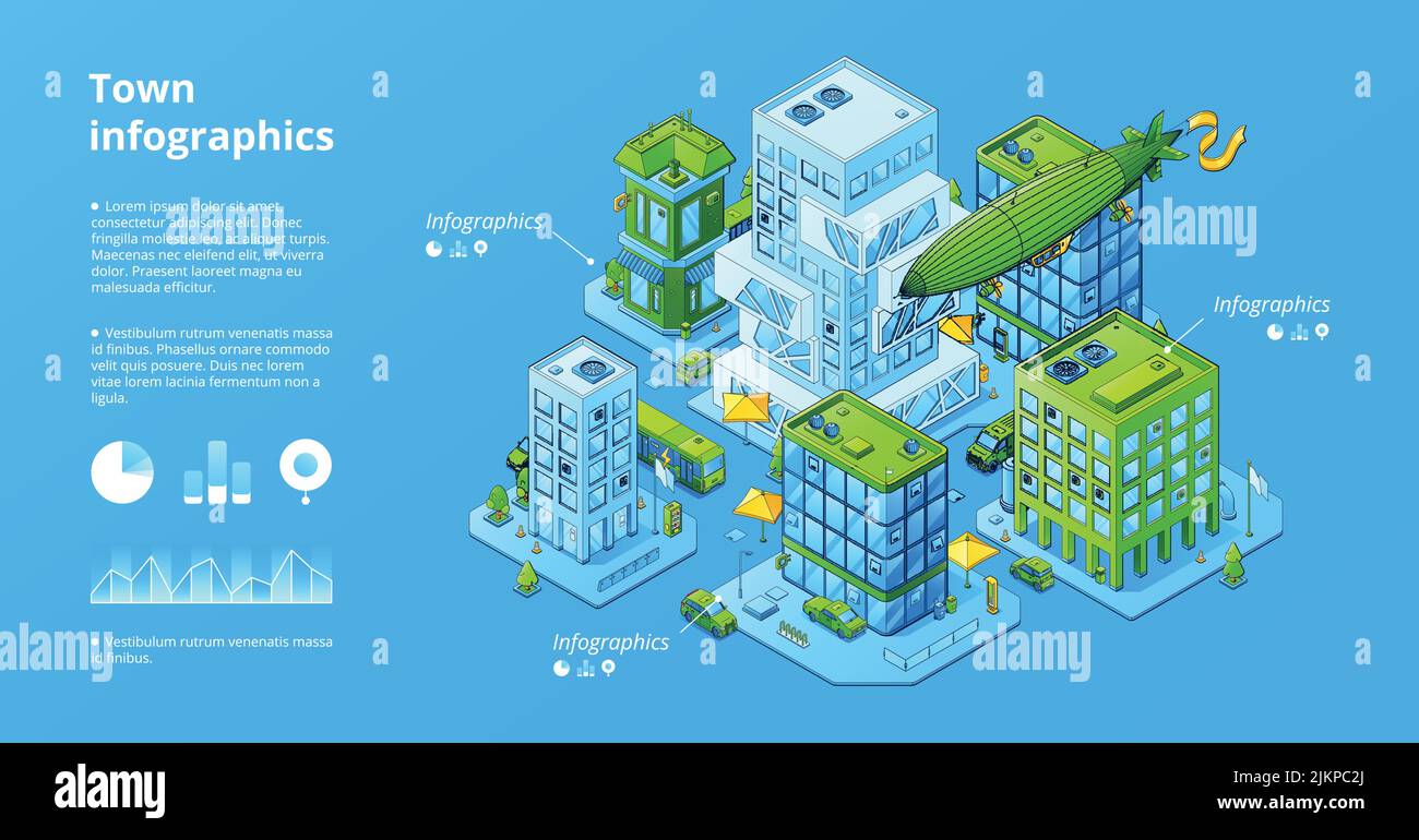 Town infographics poster with isometric modern city and charts. Vector ...