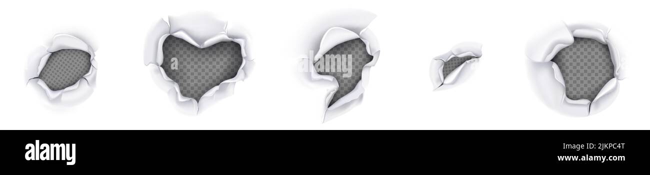 Holes in paper, pages with torn curve edges and gaps. Ripped white ...